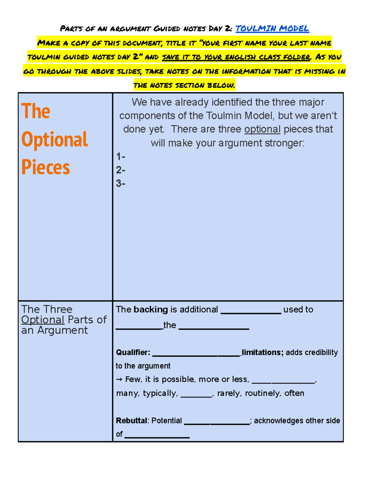 Parts of an Argument (Toulmin) Guided Notes Day 2 - ####### Parts of an ...