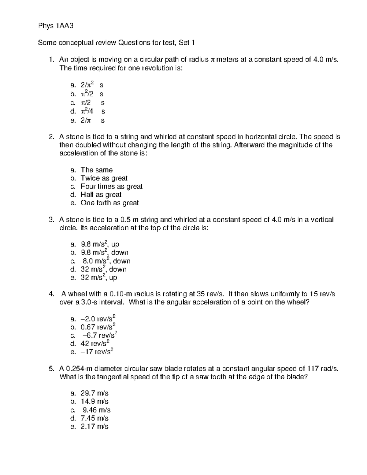 Phys 1AA3-Test-Review Questions-1-Ave - Phys 1AA Some conceptual review ...