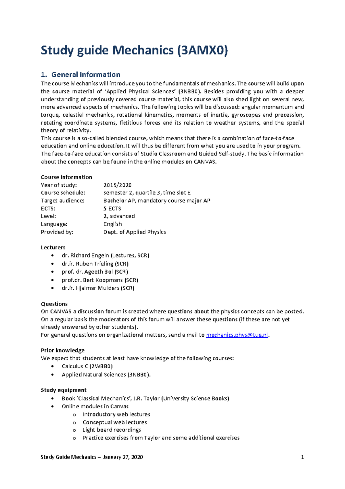 Study Guide Mechanics 2019-2020 - Study guide Mechanics (3AMX0) 1 ...