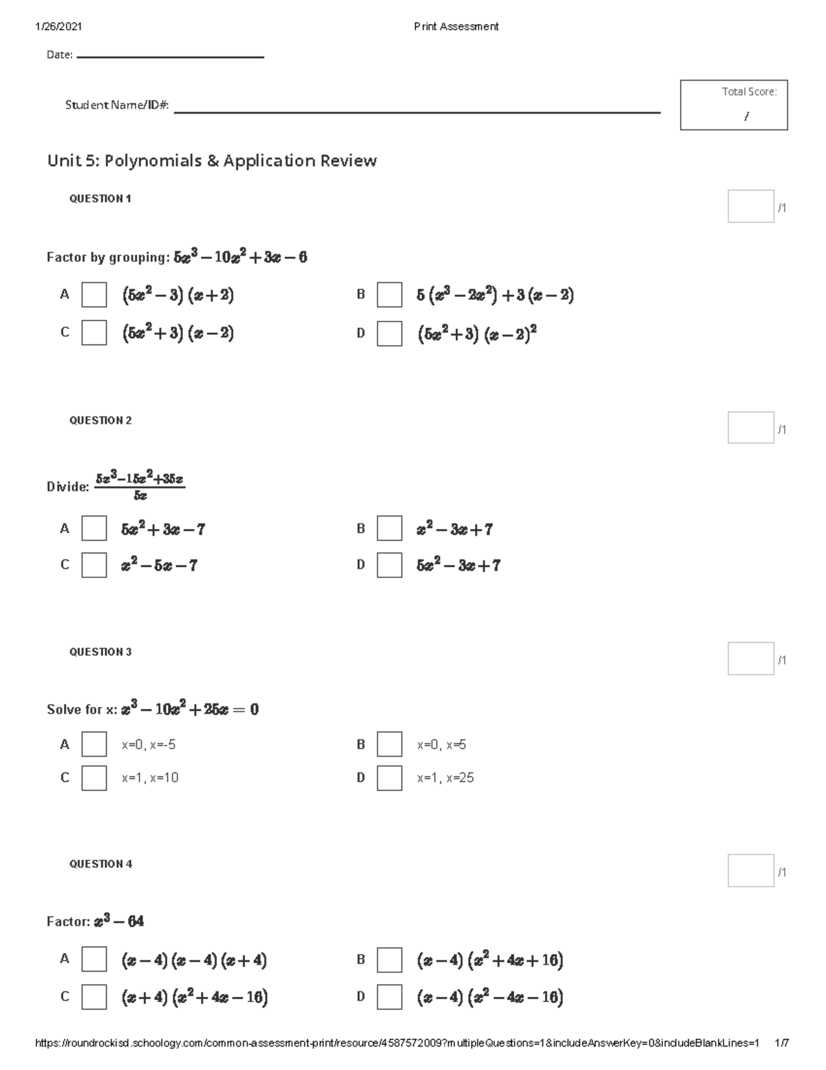 Unit 4 Review Polynomials - Date: Student Name/ID#: Total Score: / Unit ...
