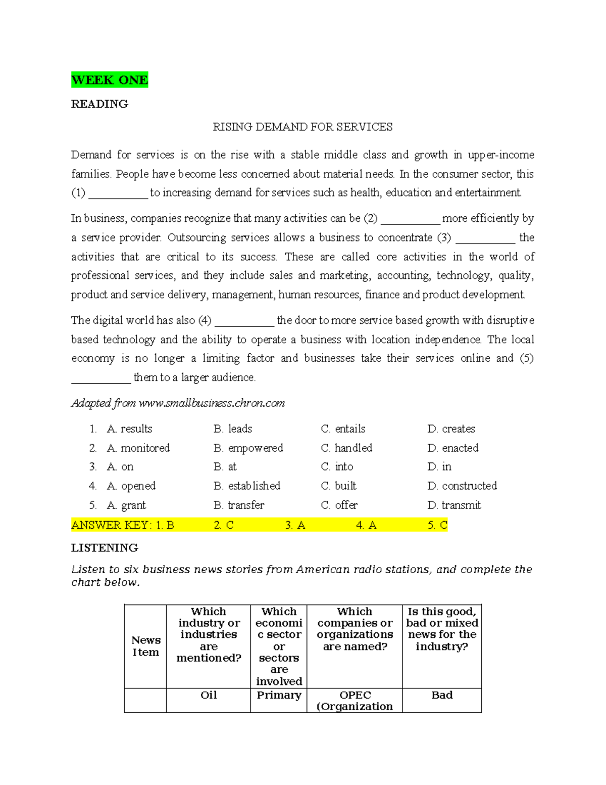 Chapter 1 Exercises and Key - WEEK ONE READING RISING DEMAND FOR ...