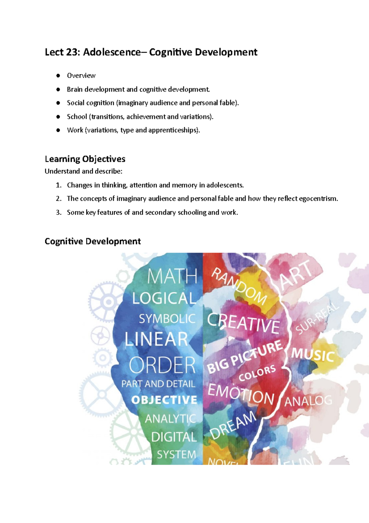 EDUC 141 L23 - EDUC 141 Lecture Notes - Lect 23: Adolescence– Cognitive ...