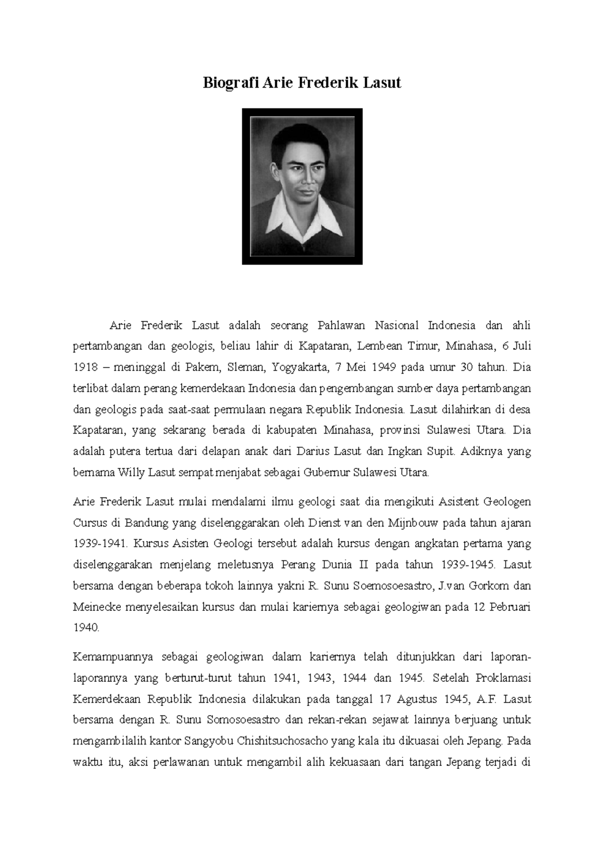Biografi Arie Frederik Lasut - Dia terlibat dalam perang kemerdekaan ...