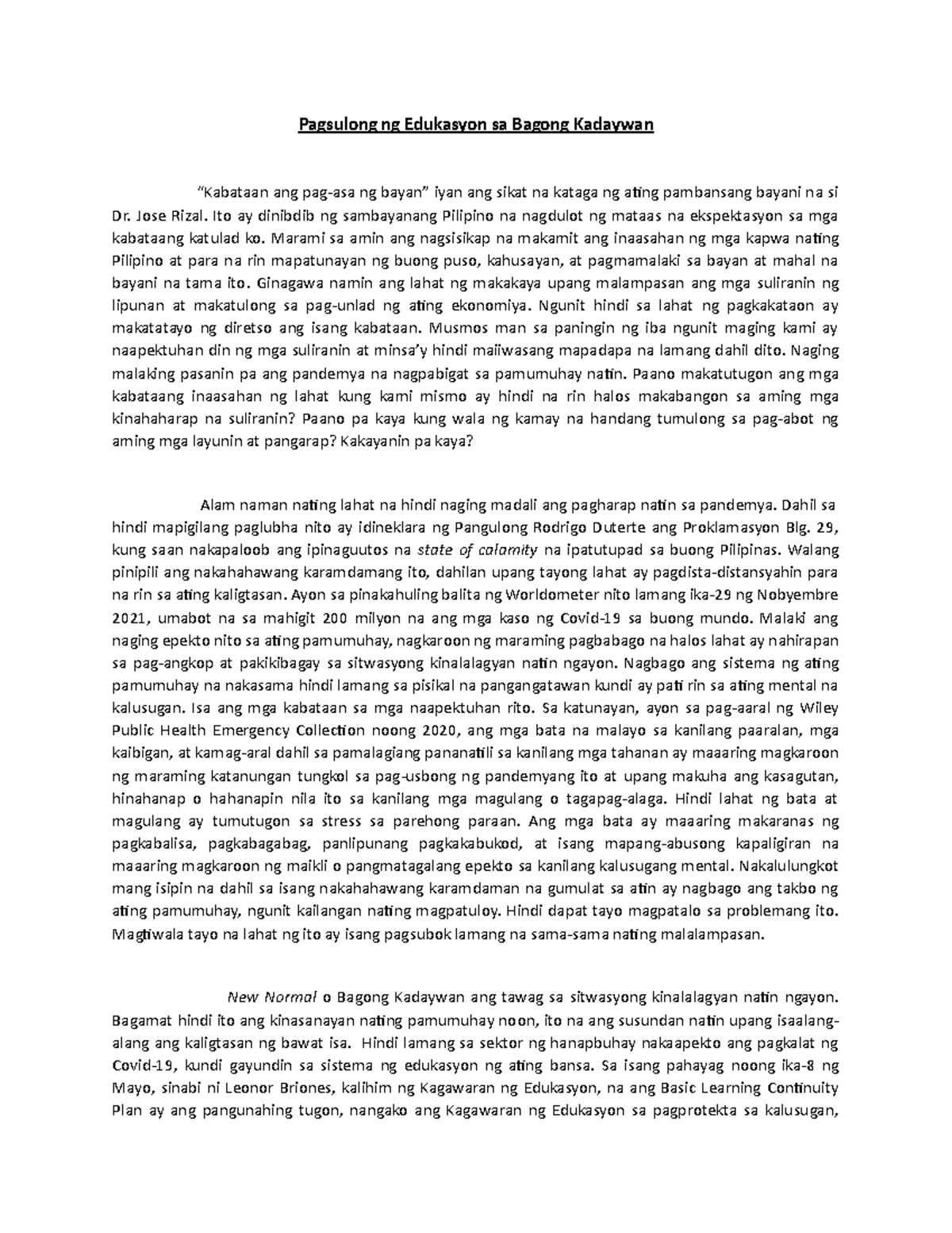 Pagsulong ng Edukasyon sa Bagong Kadaywan final - Pagsulong ng ...