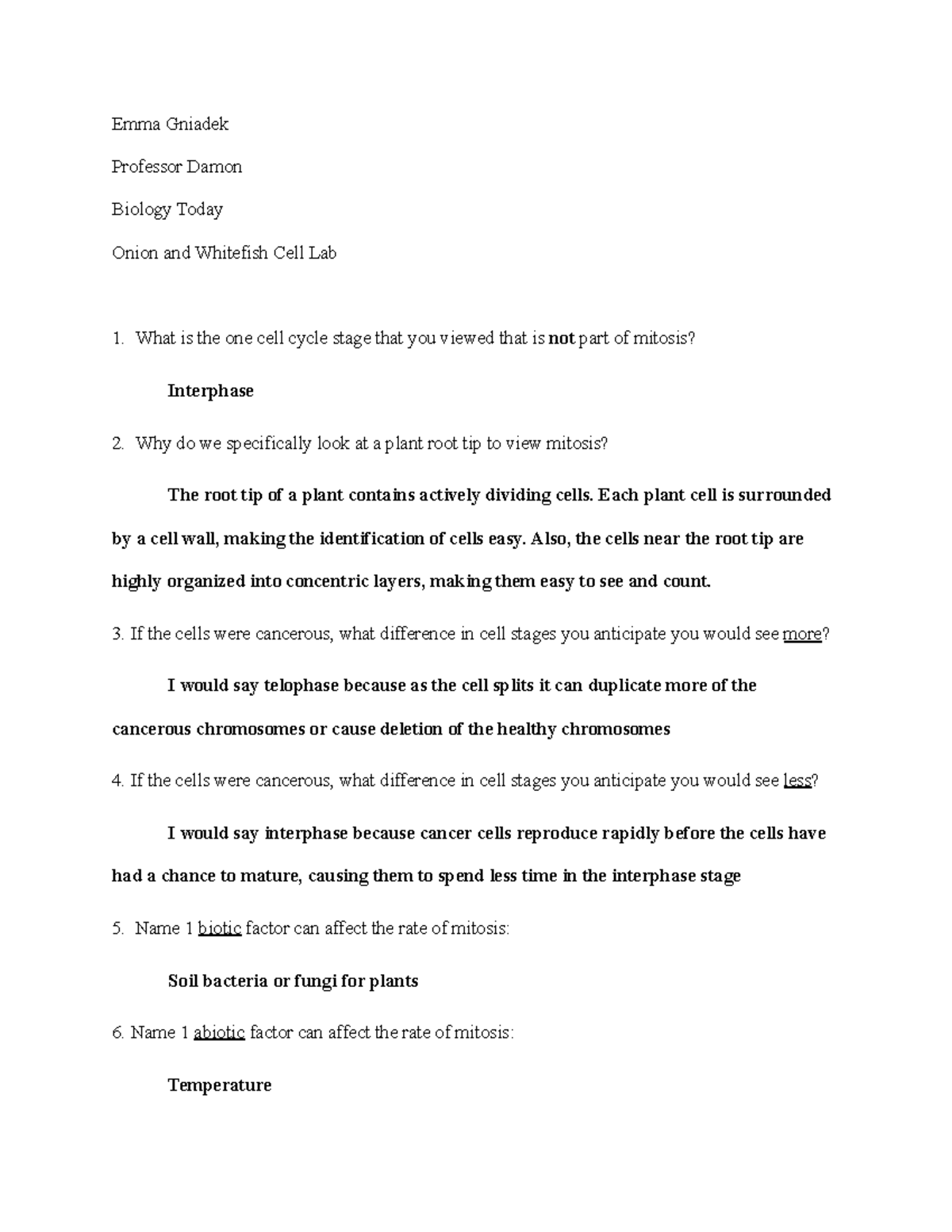 Onion and Whitefish Lab - Emma Gniadek Professor Damon Biology Today ...