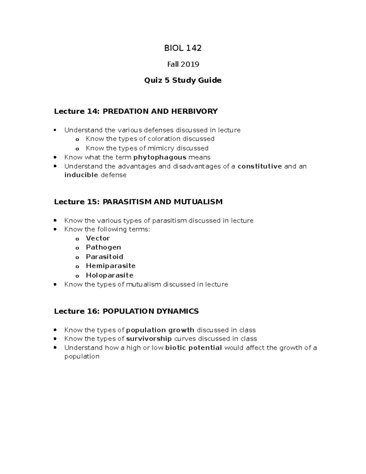 Quiz 5 Study Guide - Instructor:Dr. Will Gretes - BIOL 142 Fall 2019 ...