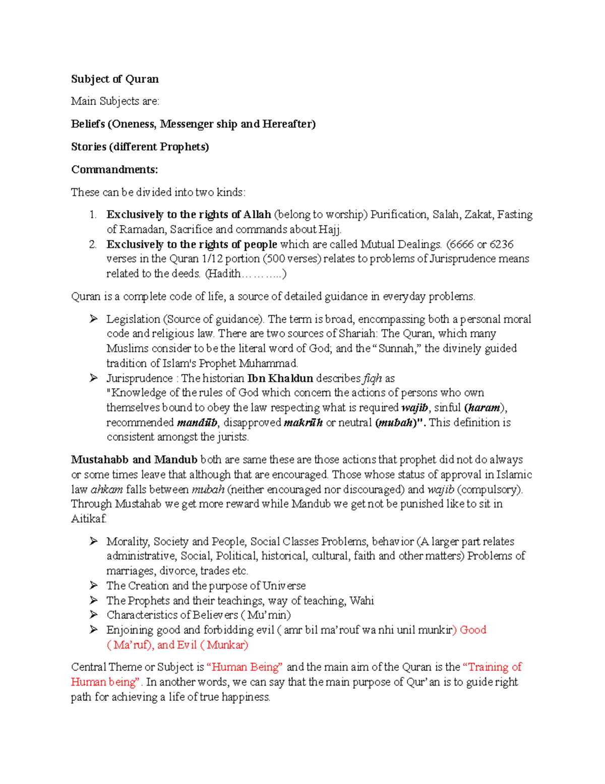 Subject of Quran and Shah Wali Ulah - Subject of Quran Main Subjects ...