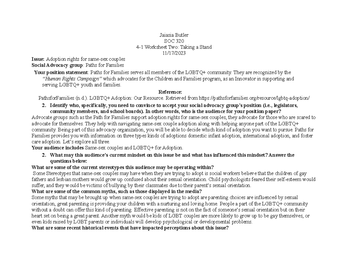 SOC 320 4 1 Worksheet Two Taking a Stand 11.17.23 - Jaiasia Butler SOC ...