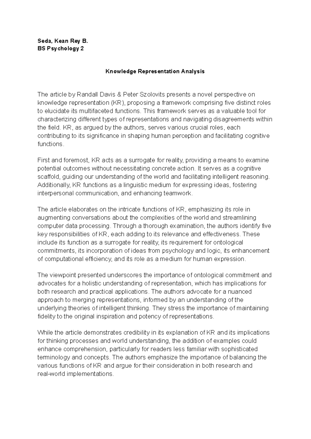Knowledge Representation - Seda, Kean Rey B. BS Psychology 2 Knowledge Representation Analysis ...