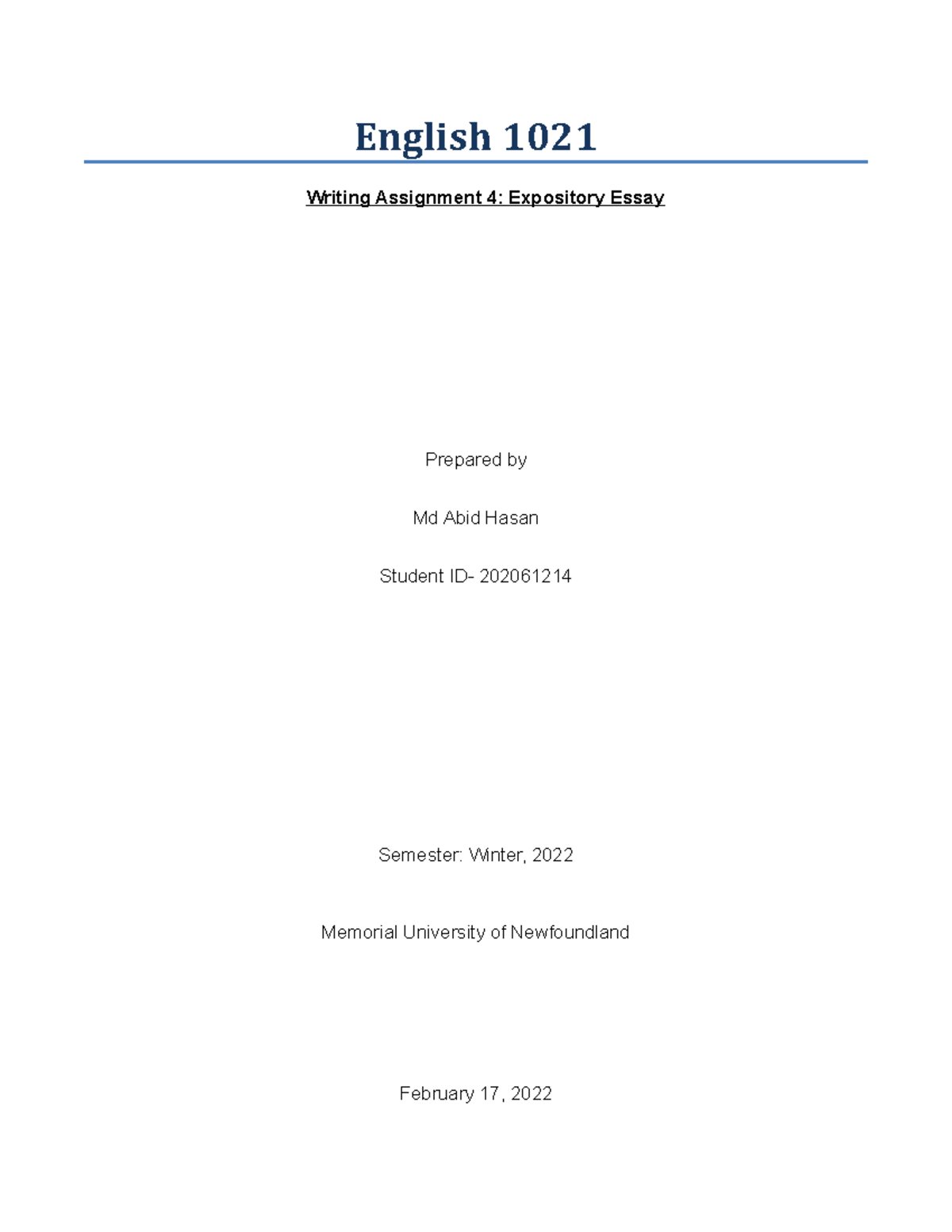 Assignment 4- Expository Essay- MD ABID Hasan - English 1021 Writing ...