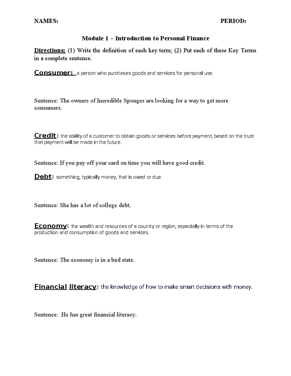 Key Terms Worksheet - math work - NAMES: PERIOD: Module 1 ...