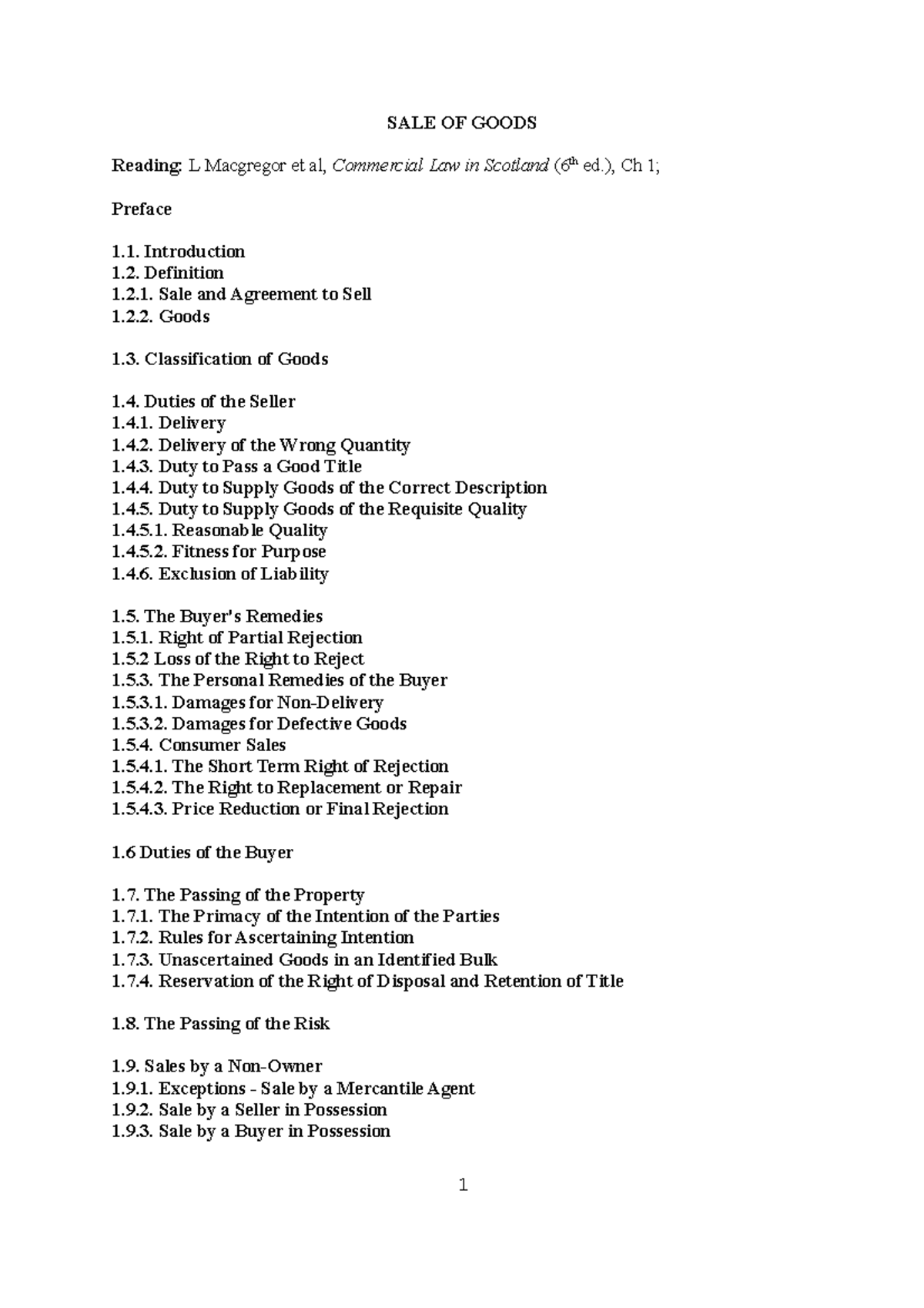 Lecture handout - SALE OF GOODS Reading: L Macgregor et al, Commercial ...