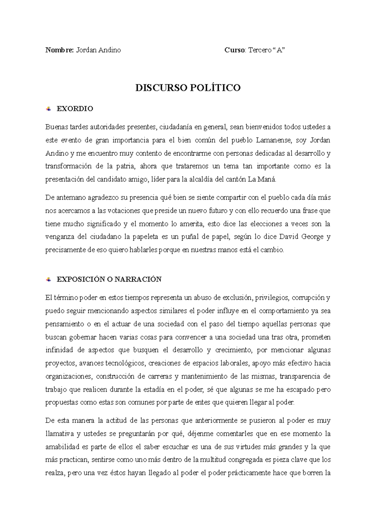 Discurso Político - estudios - Nombre: Jordan Andino Curso: Tercero “A ...