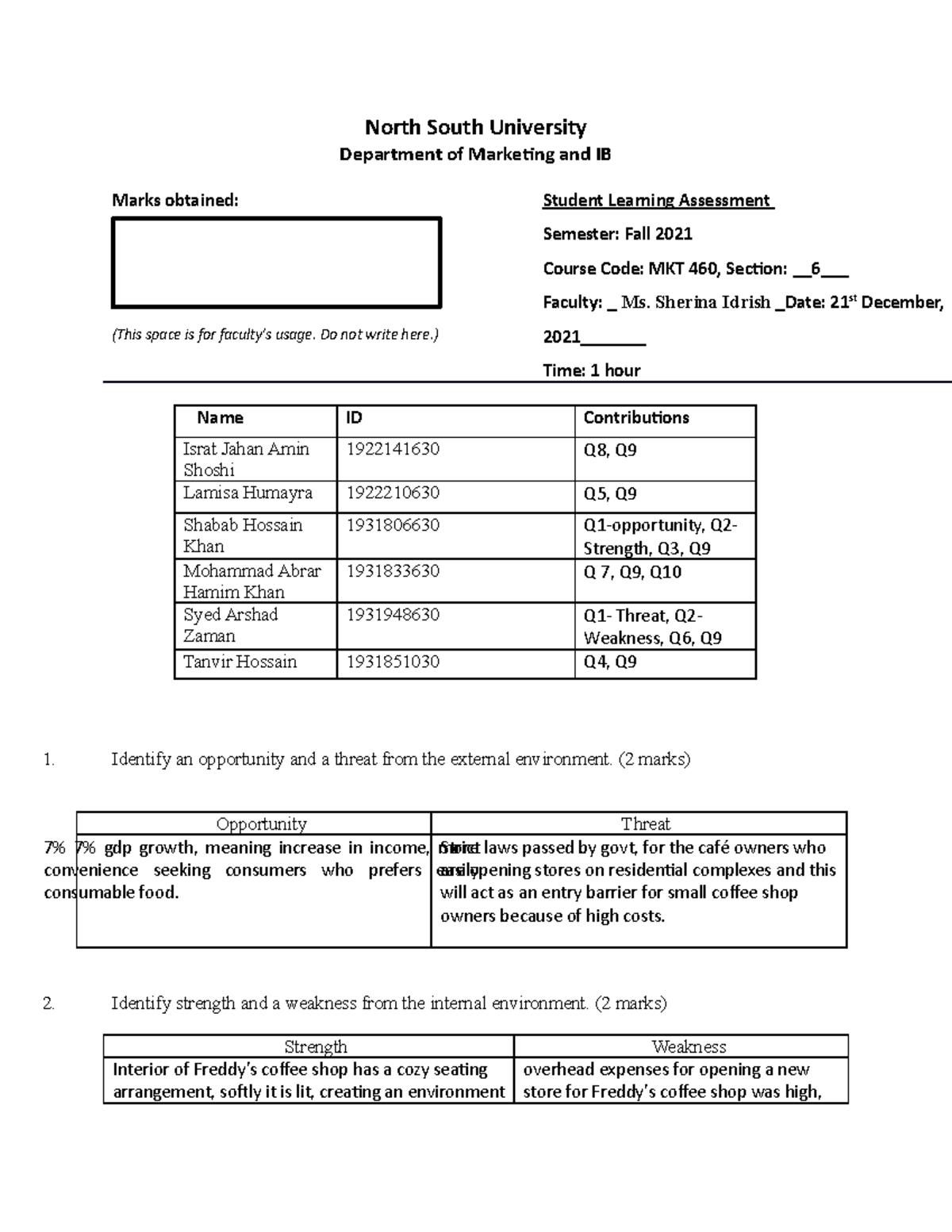 New ans sheet mkt 460 Group 3docx - North South University Department ...