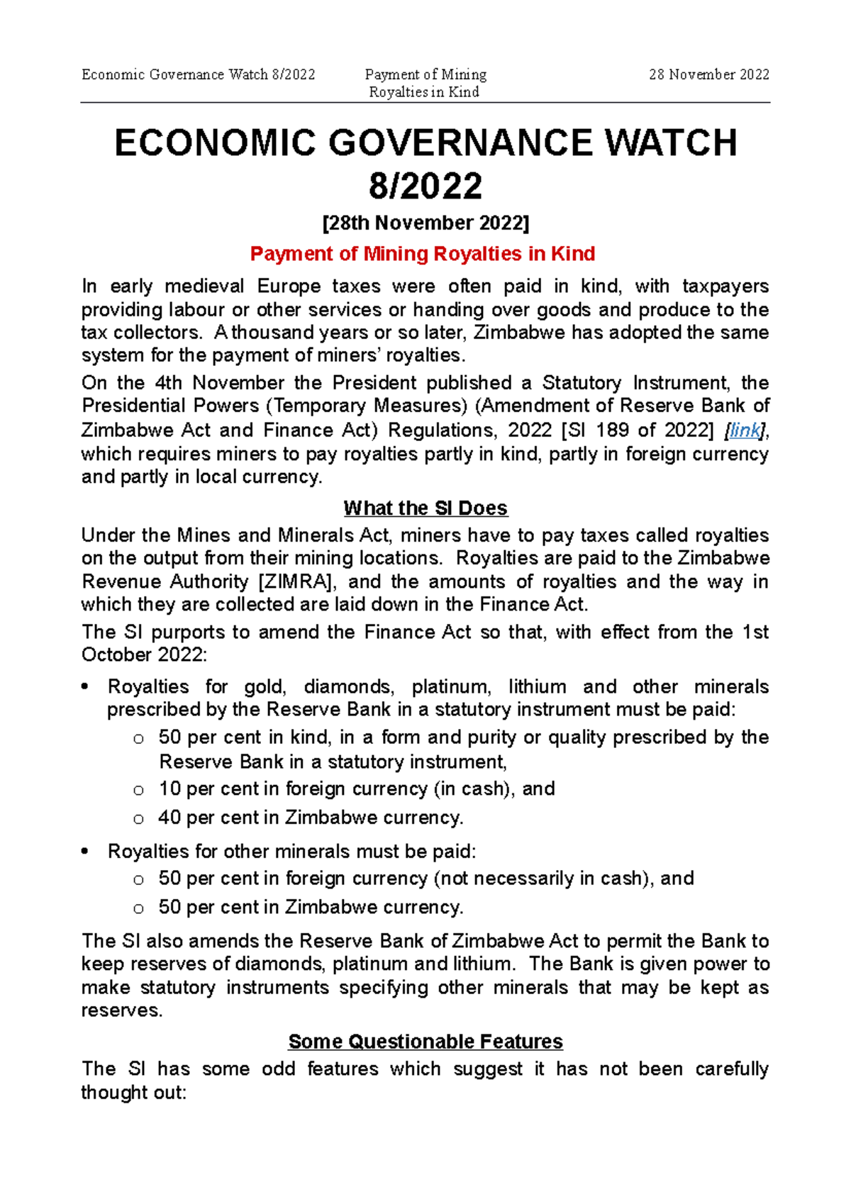 Economic Governance Watch 08-2022 -Payment of Mining Royalties in Kind - Royalties in Kind ...