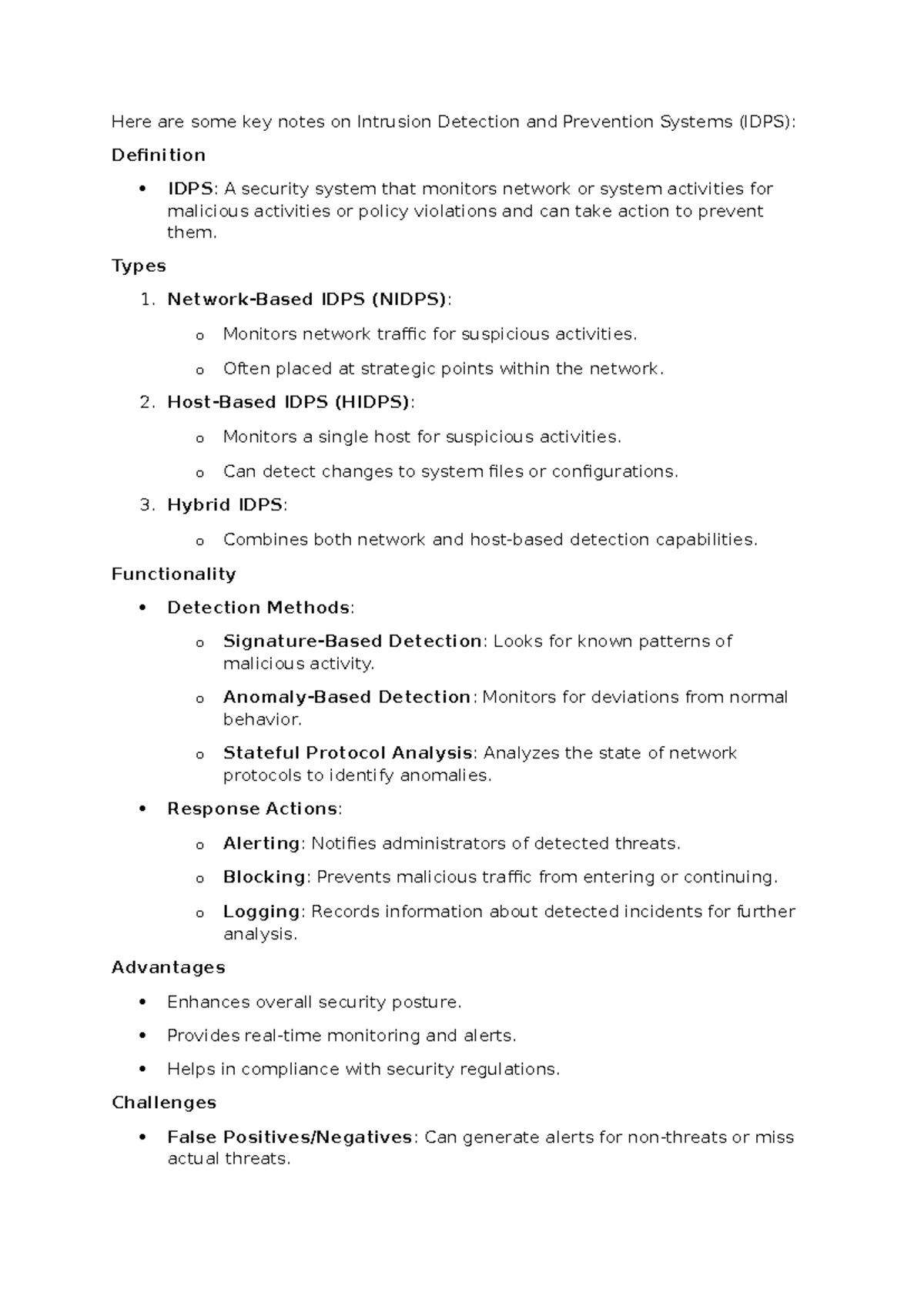 Info Sec Notes 1 - Here are some key notes on Intrusion Detection and ...