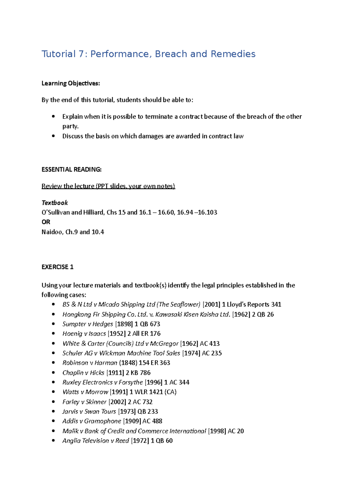 Worksheet Tutorial 7(1) (3) - Tutorial 7: Performance, Breach and Remedies Learning Objectives ...