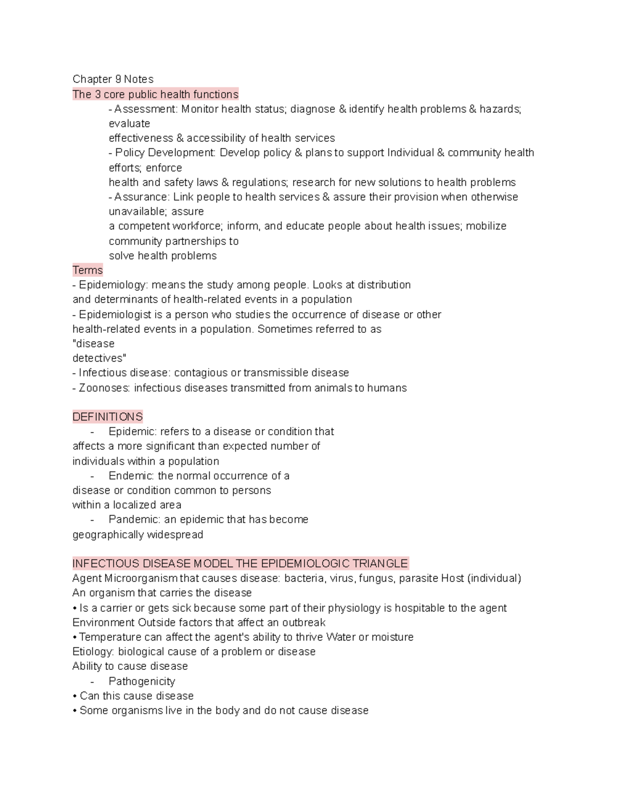 CHS core of public healths - Chapter 9 Notes The 3 core public health ...