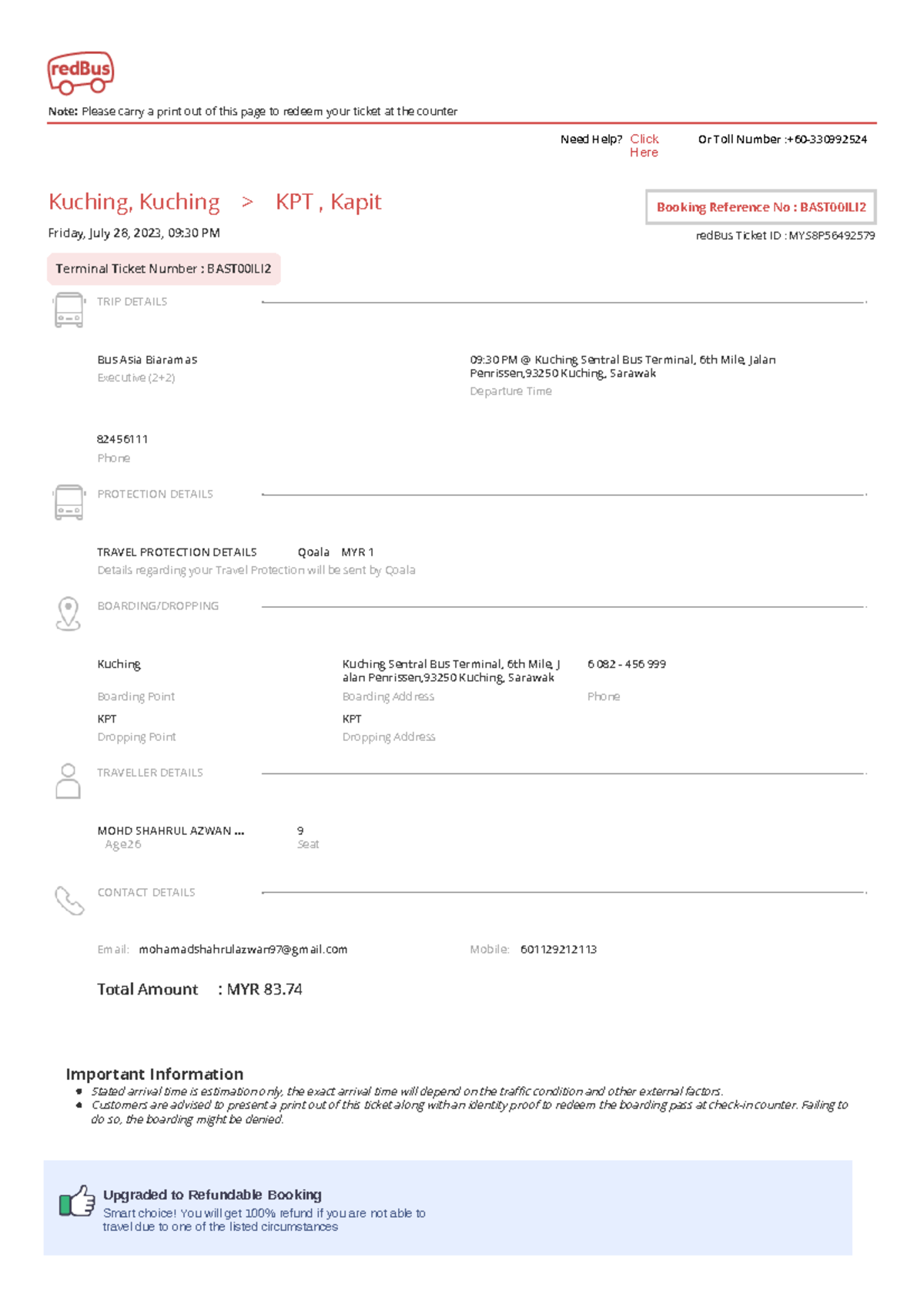 Ticket - Journal - Terminal Ticket Number : BAST00ILI Kuching, Kuching ...