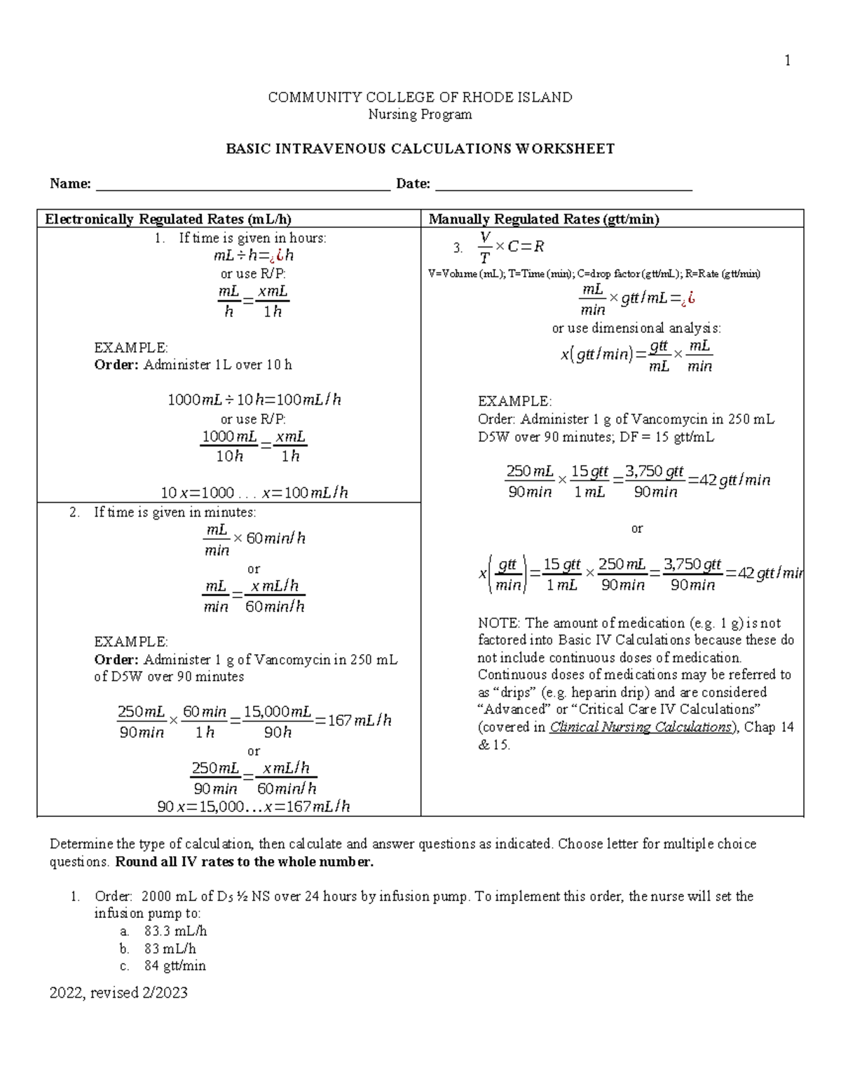 Basic IV Calc Overview - homework - 1 COMMUNITY COLLEGE OF RHODE ISLAND ...