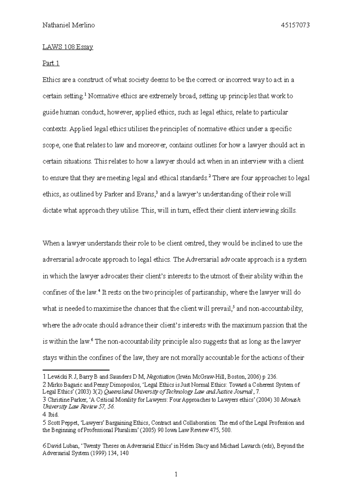 LAWS 108 Essay - Part Two is a written paper of 1500 words reflecting ...