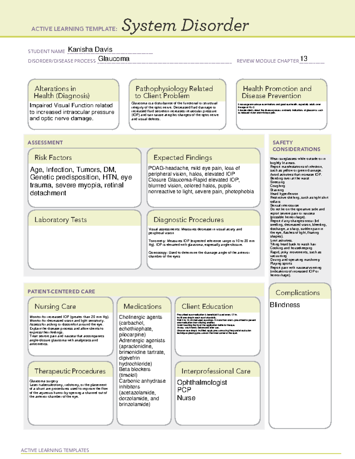 Glaucoma - ATI - ACTIVE LEARNING TEMPLATES System Disorder STUDENT NAME ...