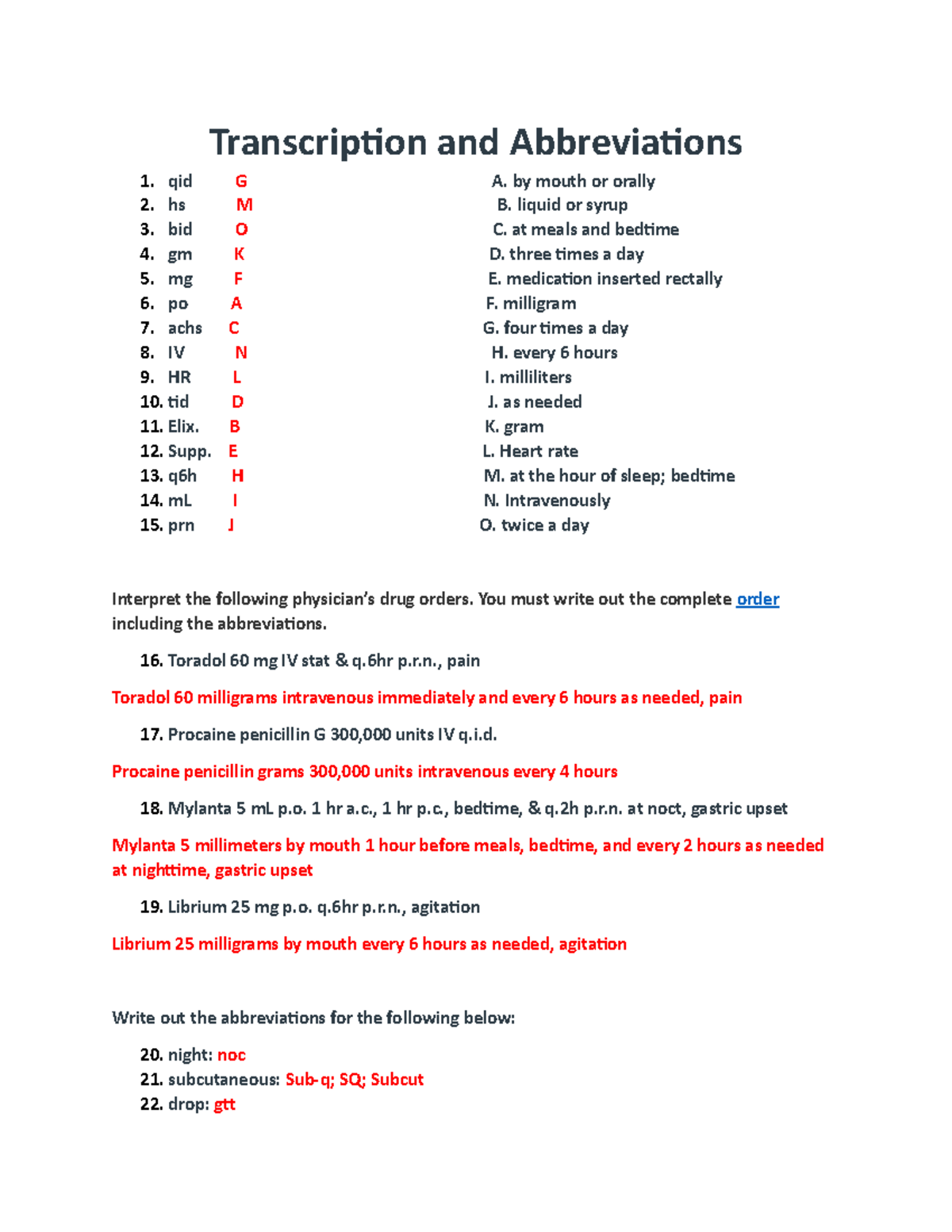 Transcription and Abbreviations - by mouth or orally hs M B. liquid or ...