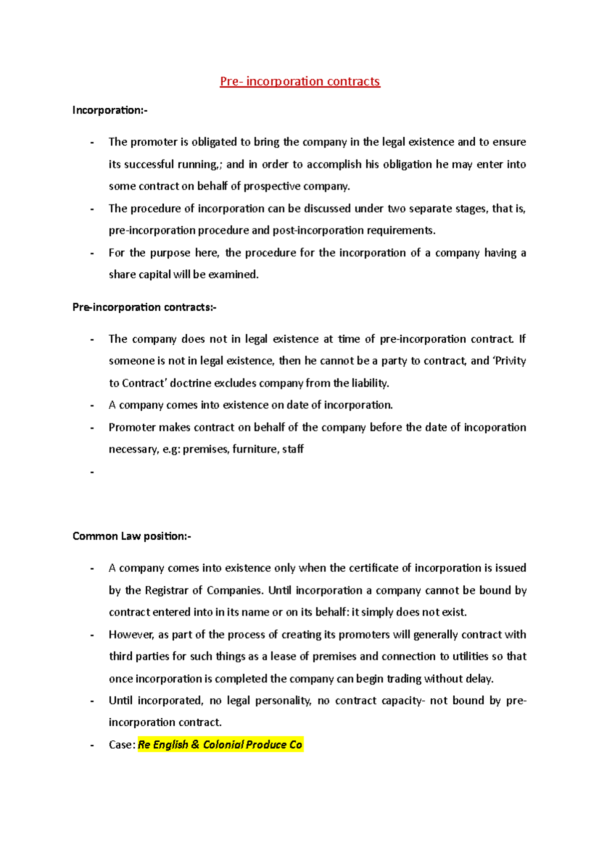 Topic 2(i)- Pre-incorporation - Pre- incorporation contracts ...
