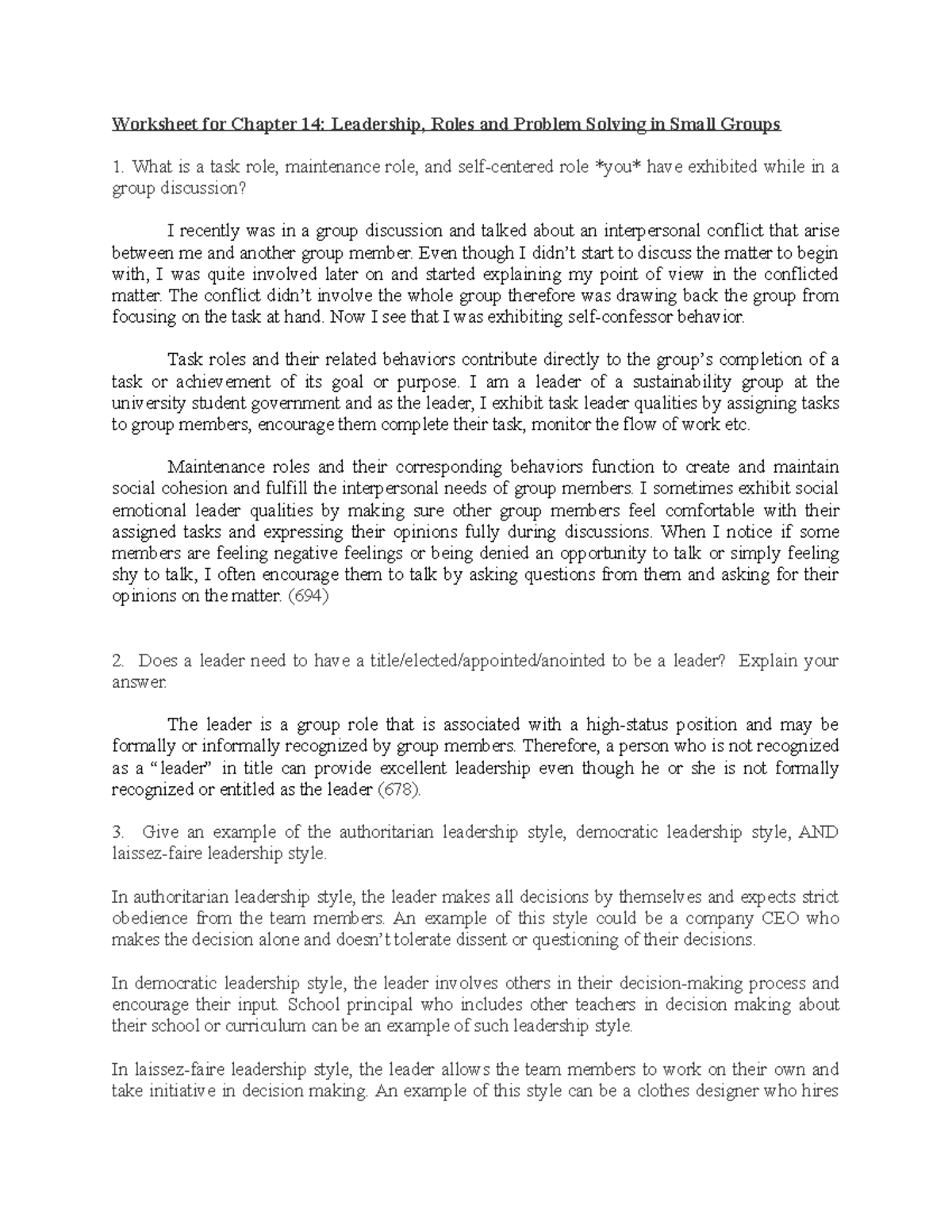 Chapter 14 - Worksheet for Chapter 14: Leadership, Roles and Problem ...