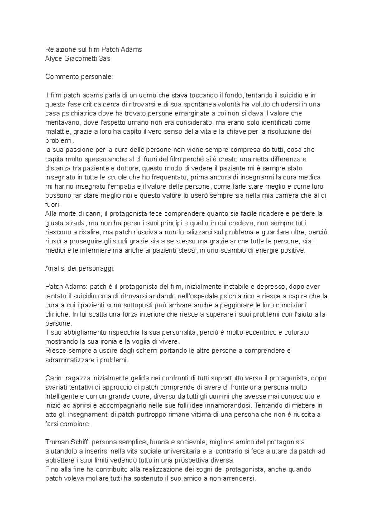 Documento senza titolo - Relazione sul film Patch Adams Alyce ...