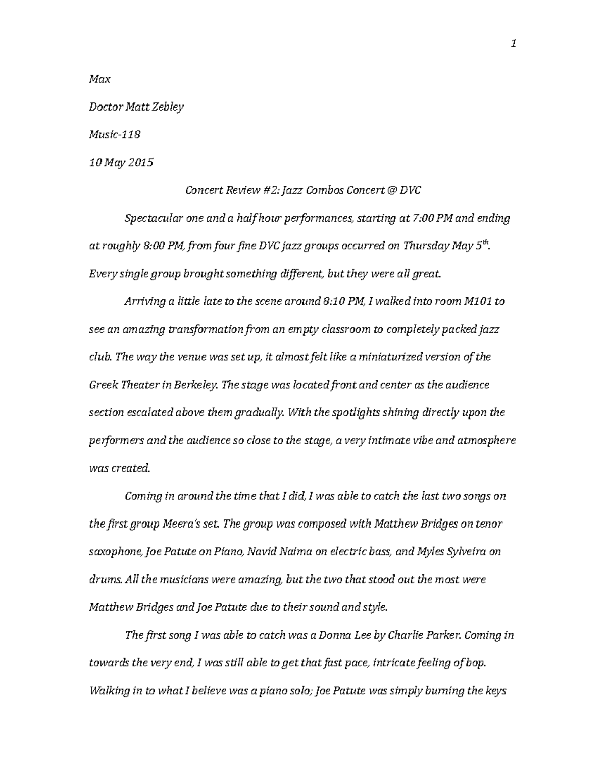 Concert Review #2- Jazz Combos Concert @ DVC - 1 Max Doctor Matt Zebley ...