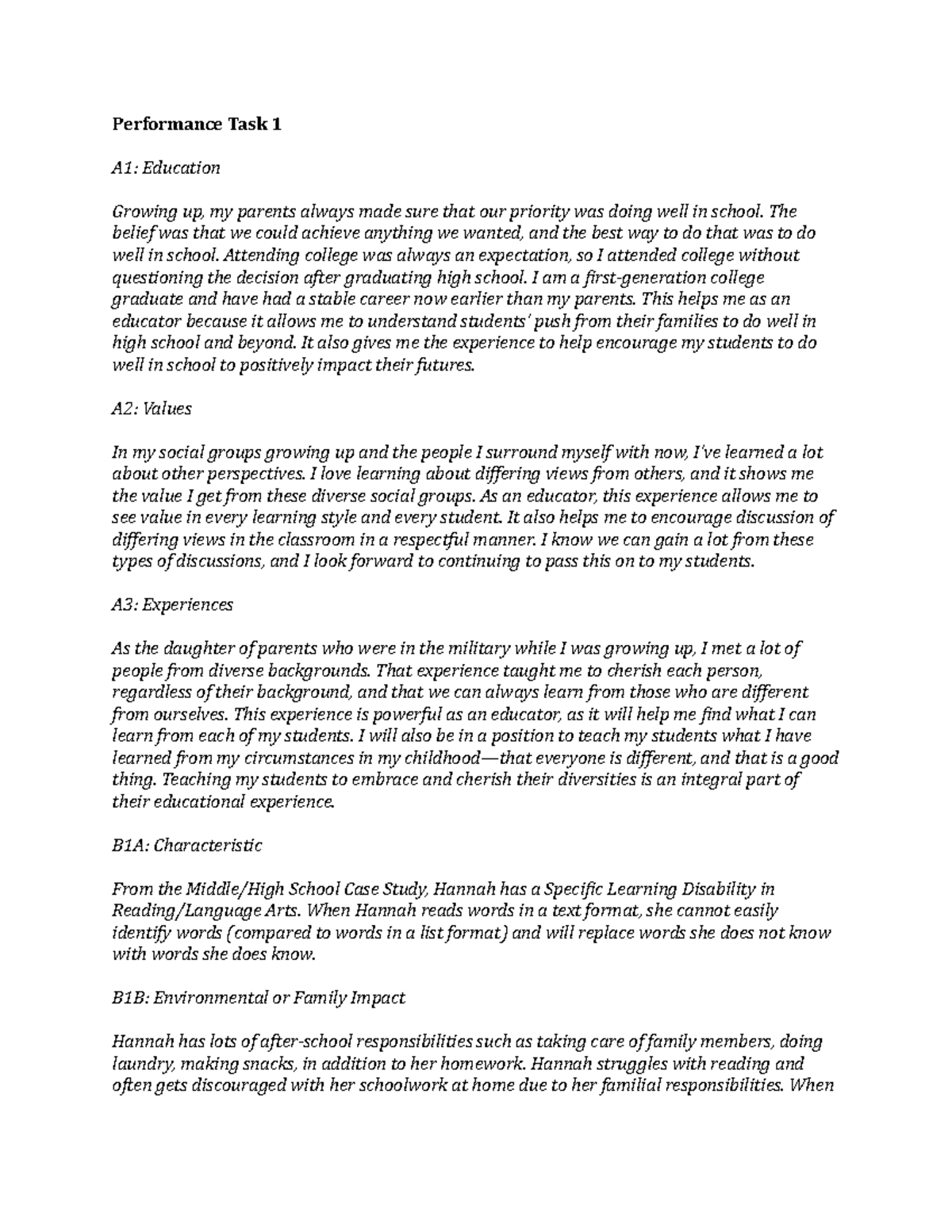 Performance Task 1 - Grade: Pass - Performance Task 1 A1: Education ...