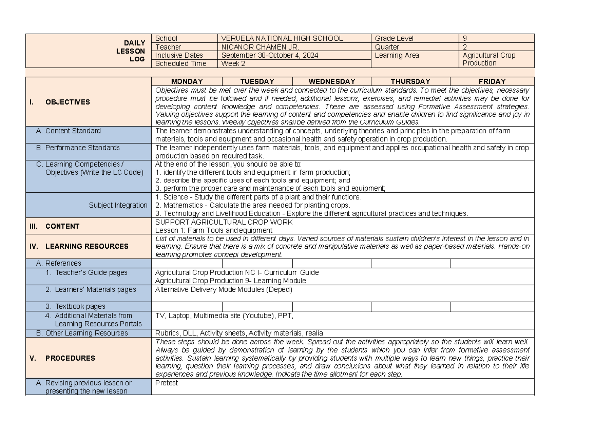 ACP9- Q2-DLL-Week 1 - none - DAILY LESSON LOG School VERUELA NATIONAL ...