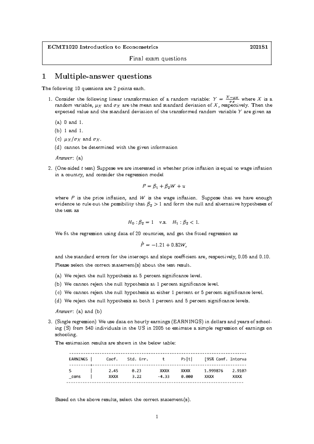 ECMT1020 2021S1 final - LECTURE - ECMT1020 Introduction to Econometrics 2021S Final exam ...