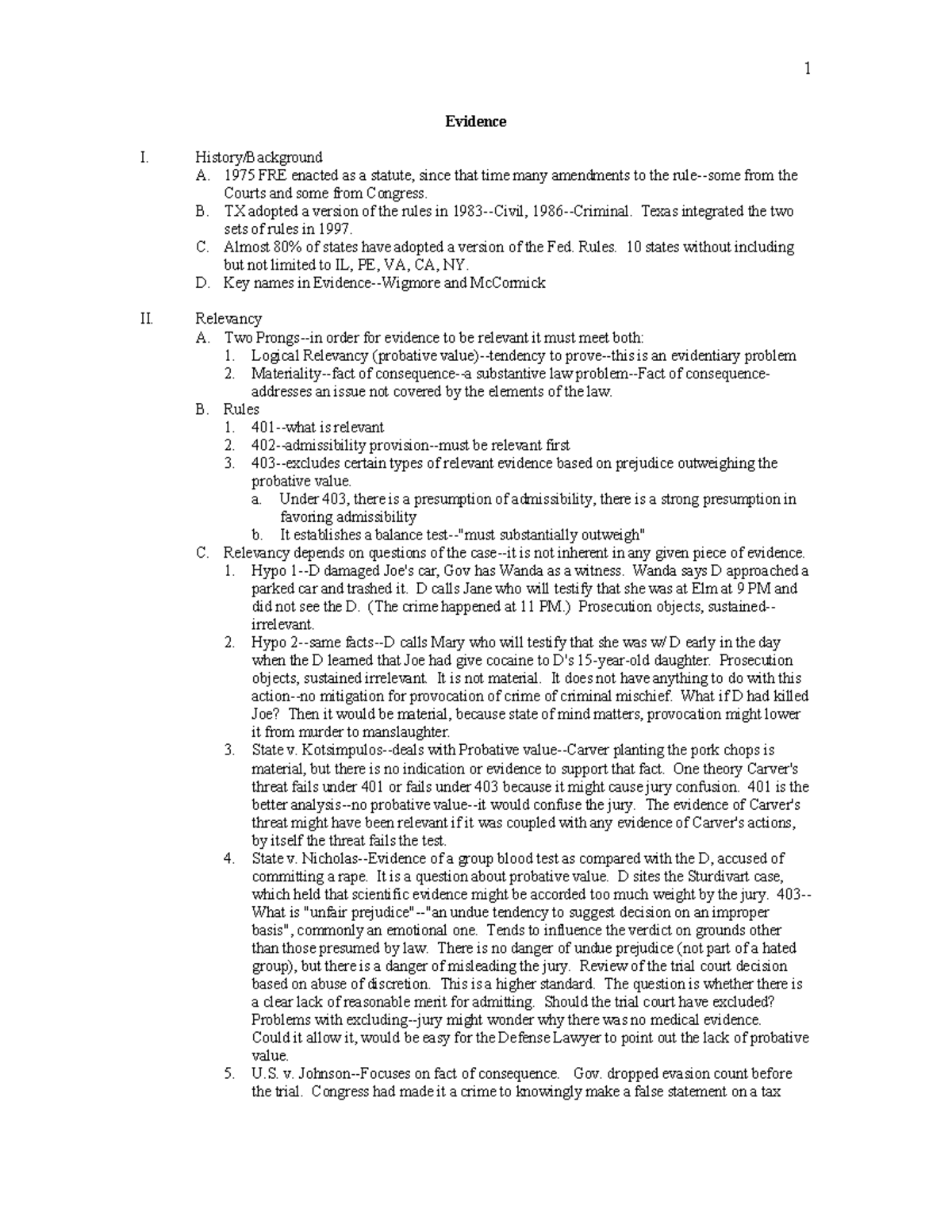 Rules 401-402-403 - Evidence I. History/Background A. 1975 FRE enacted ...