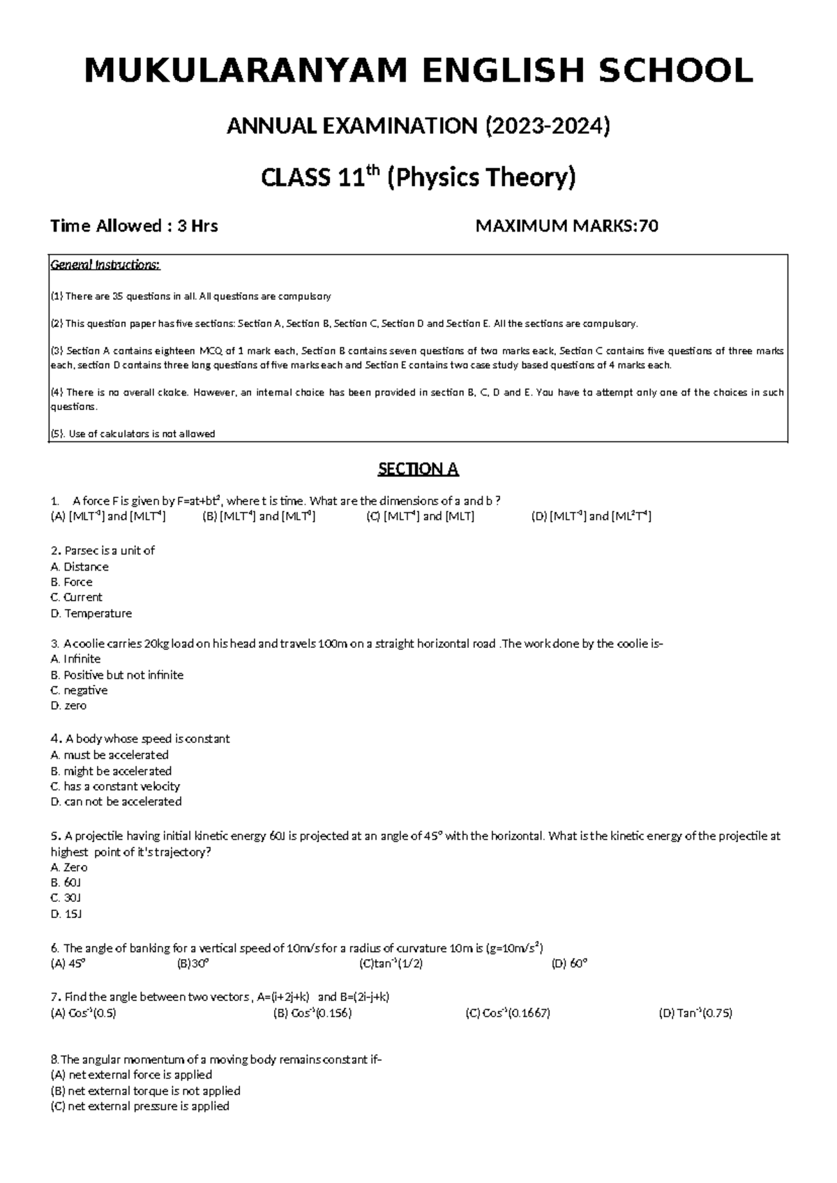 11th question paper 26 Jan 2024 - MUKULARANYAM ENGLISH SCHOOL ANNUAL ...
