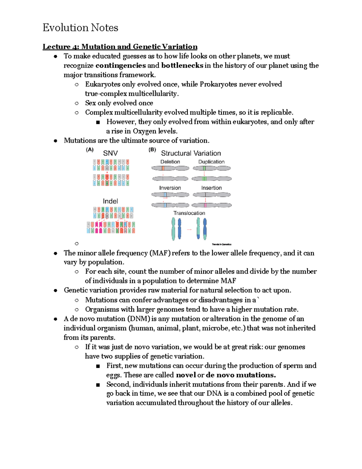 Lecture 4 Notes - Evolution Notes Lecture 4: Mutation and Genetic ...