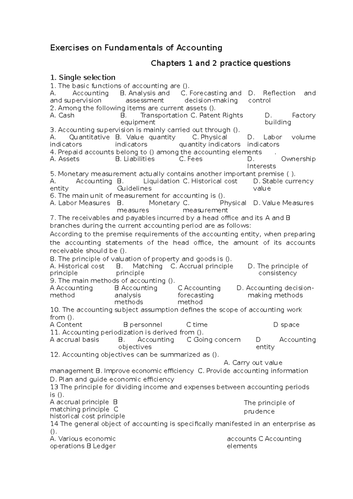 Exercises on Fundamentals of Accounting - Exercises on Fundamentals of ...