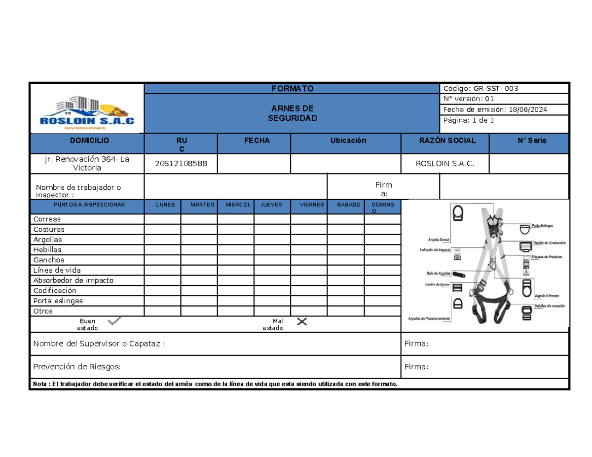 Check LIST DE Arnes - FORMATO Código: GR-SST- 003 ARNES DE SEGURIDAD N ...