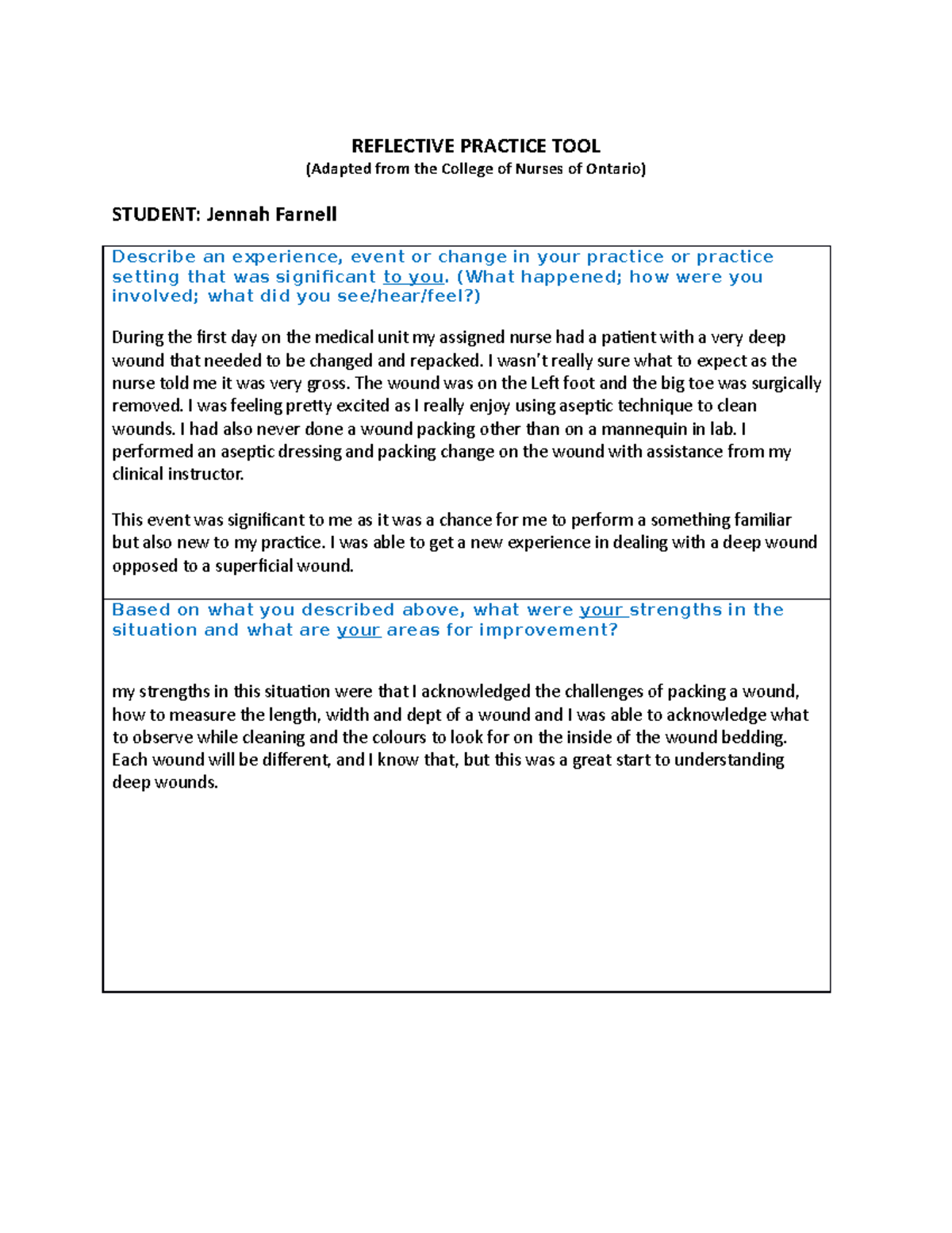 Reflective Practice 1 - relfection - REFLECTIVE PRACTICE TOOL (Adapted ...