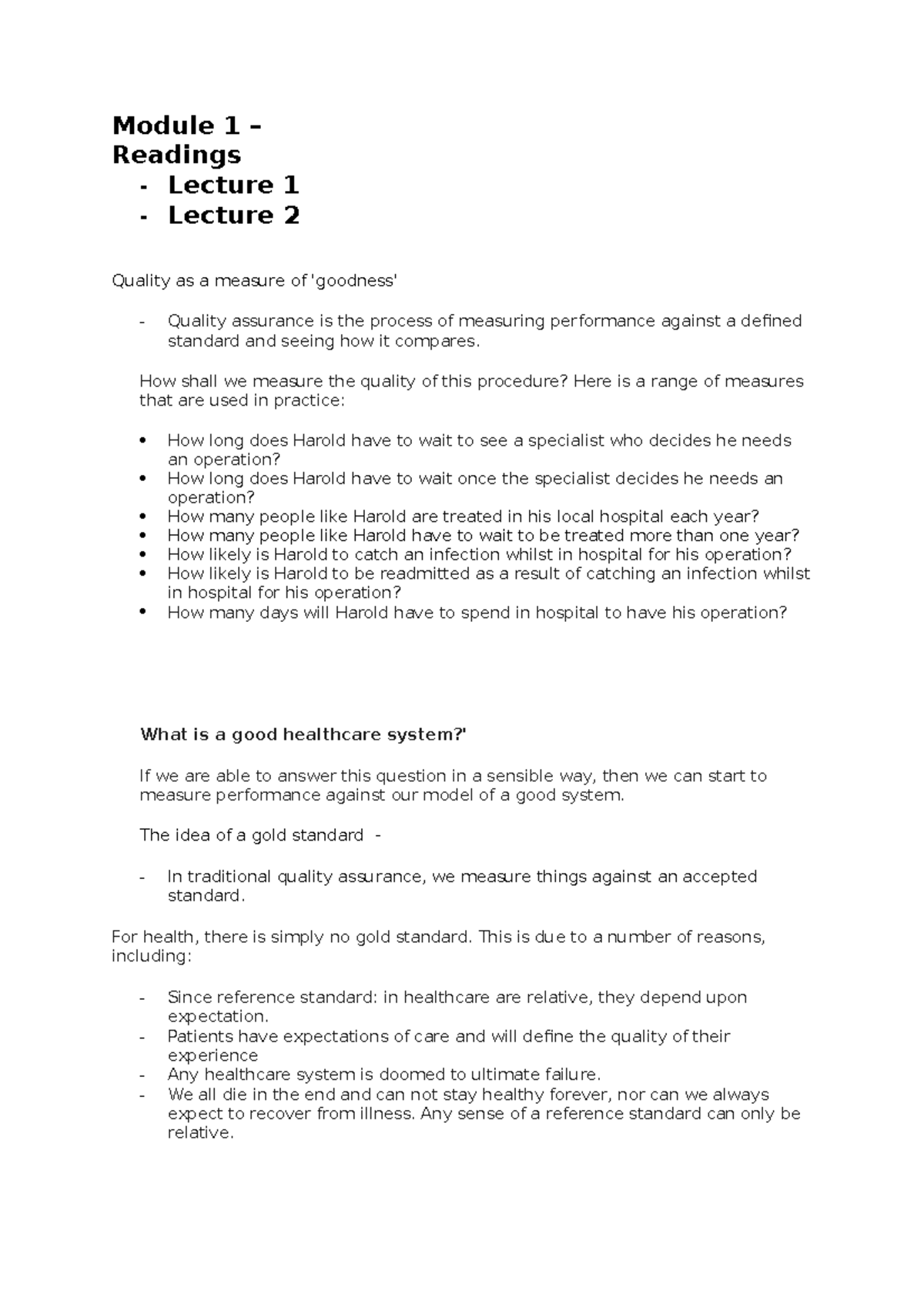 Module 1 readings - Module 1 – Readings - Lecture 1 - Lecture 2 Quality ...