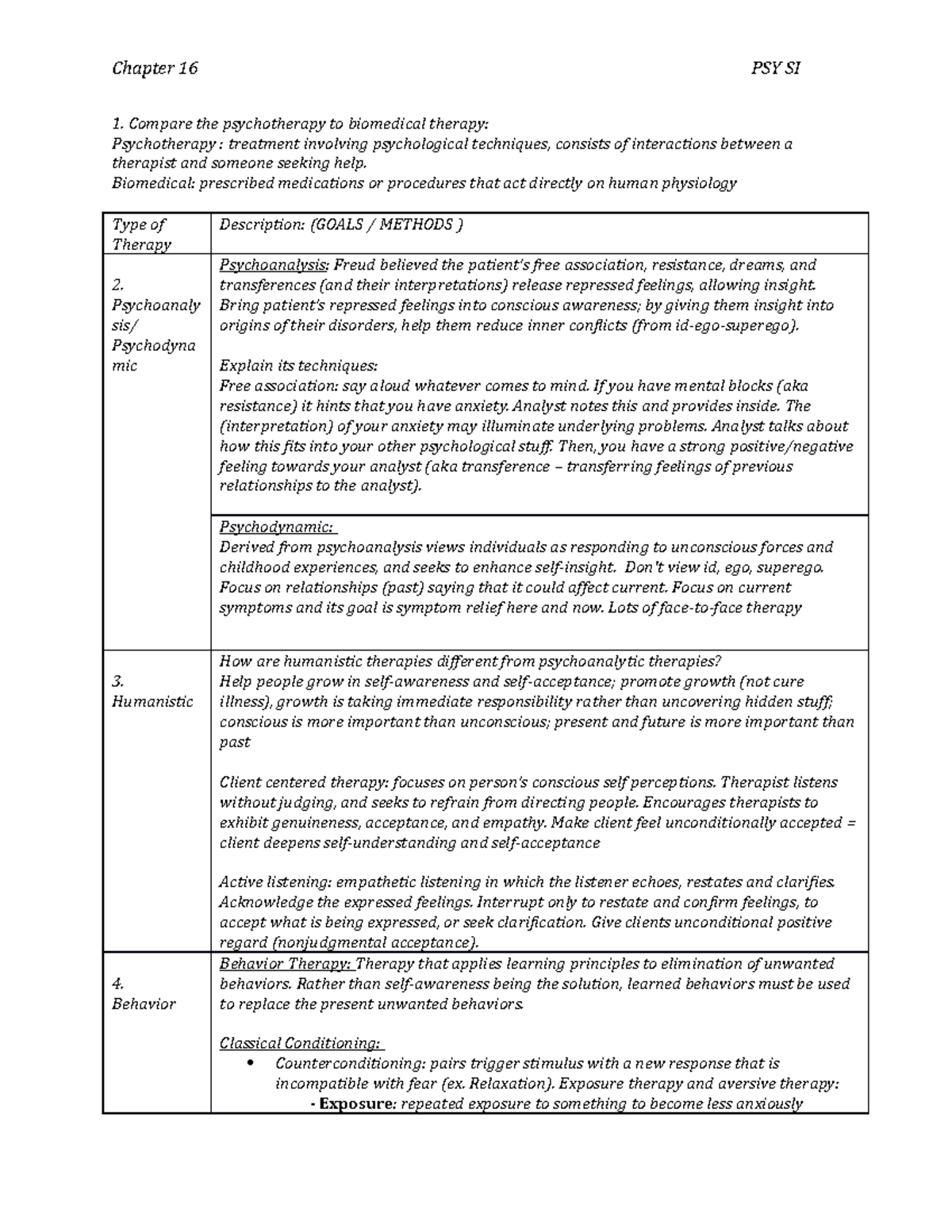 Chapter 16 worksheet - Chapter 16 PSY SI 1. Compare the psychotherapy ...