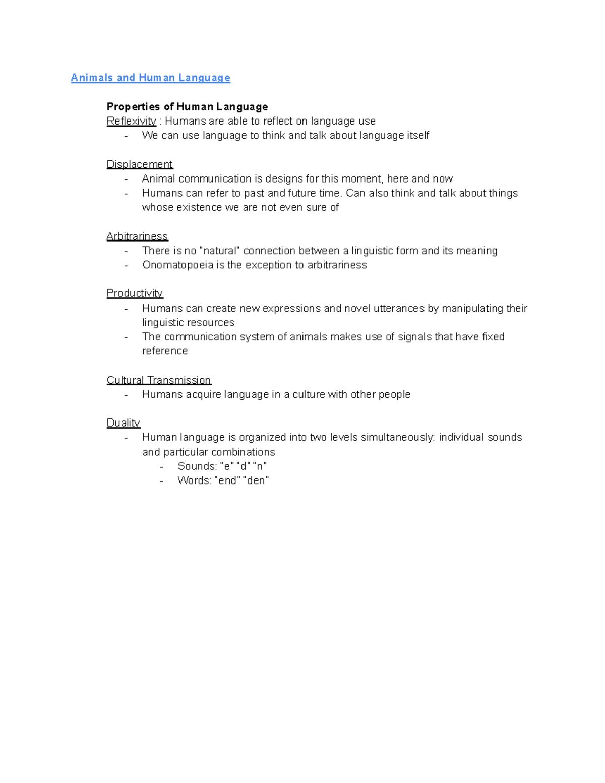 Linguistics Ch2 - Animals and Human Language Properties of Human ...