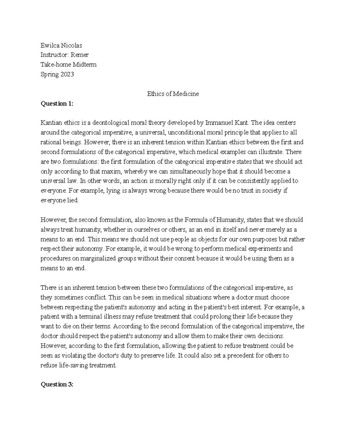 Ethics of Medicine Midterm Paper - Ewilca Nicolas Instructor: Remer ...