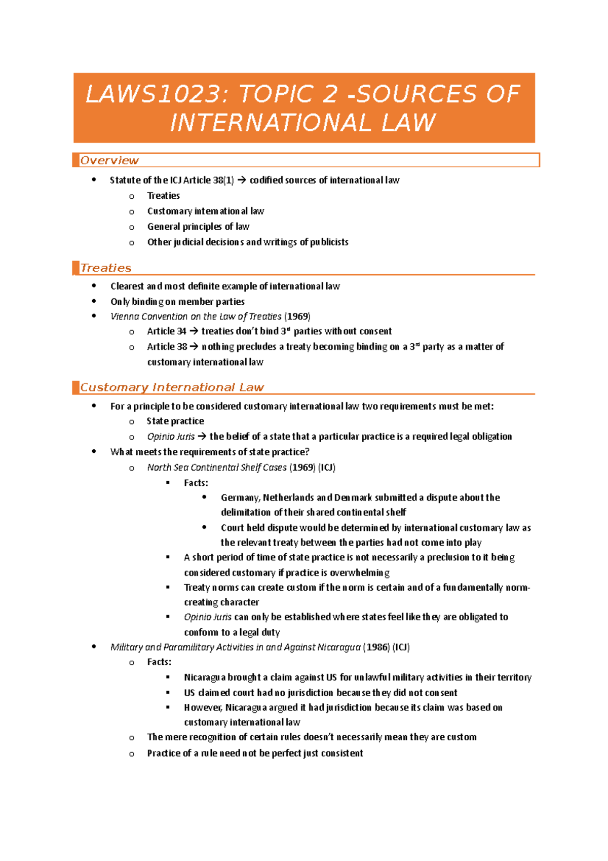 LAWS1023 Topic 2 Notes - LAWS1023: TOPIC 2 -SOURCES OF INTERNATIONAL ...