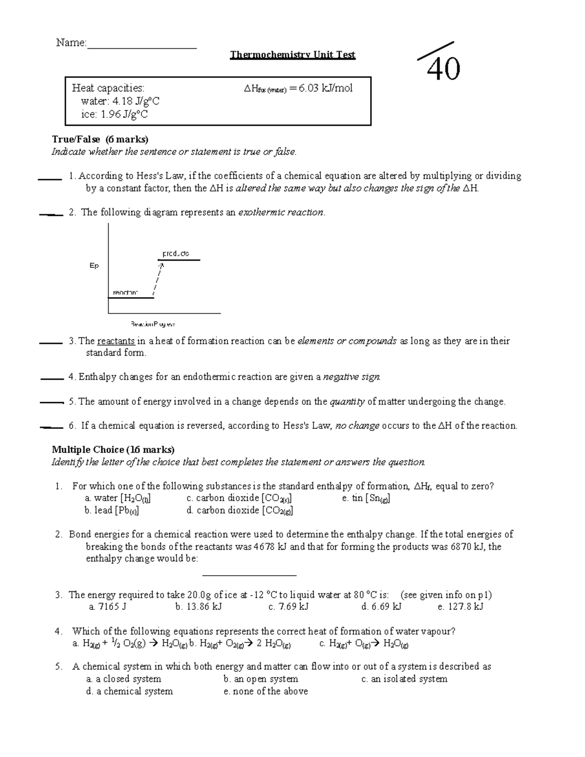 Thermochemistry Unit Test - Thermochemistry Unit Test True/False (6 ...