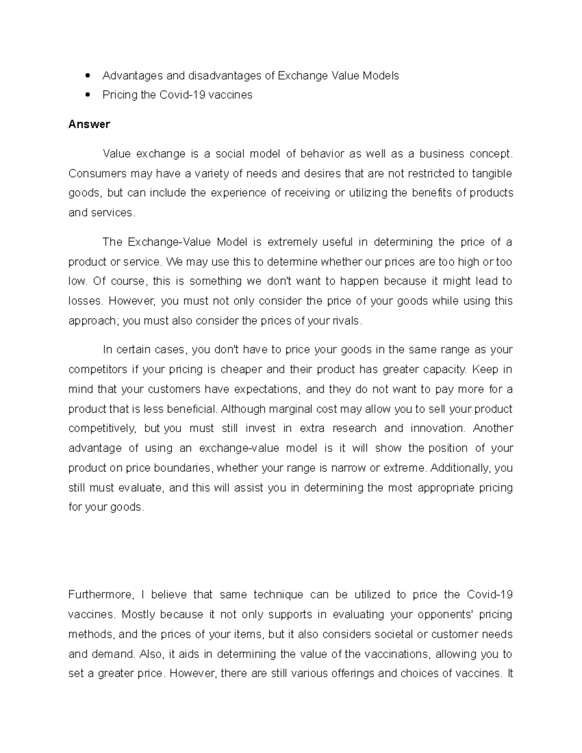Activity 1 Exchange Value Model Essay - Advantages and disadvantages of ...