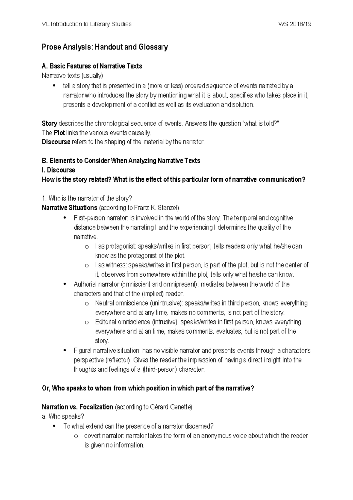 Handout Prose Analysis I - VL Introduction to Literary Studies WS Prose ...