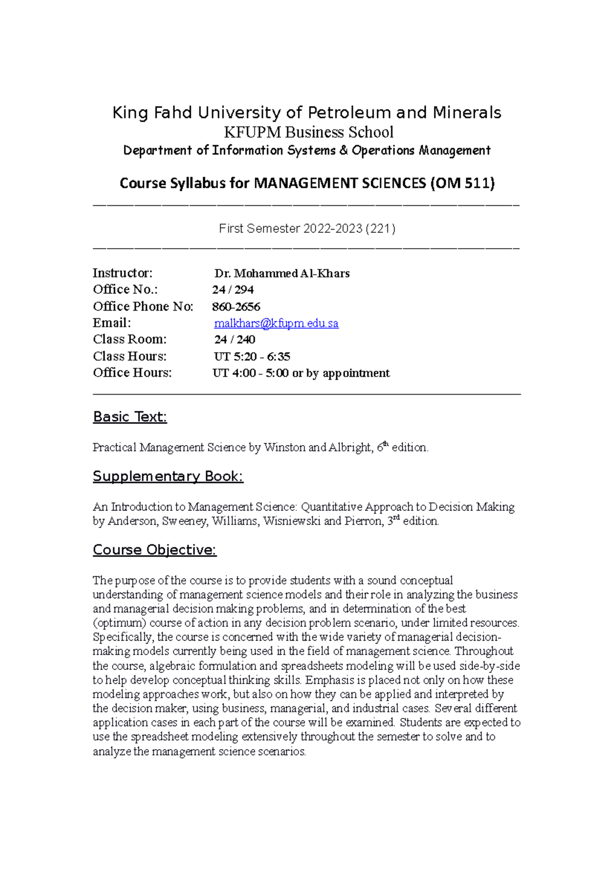 OM 511 Syllabus - King Fahd University of Petroleum and Minerals KFUPM ...