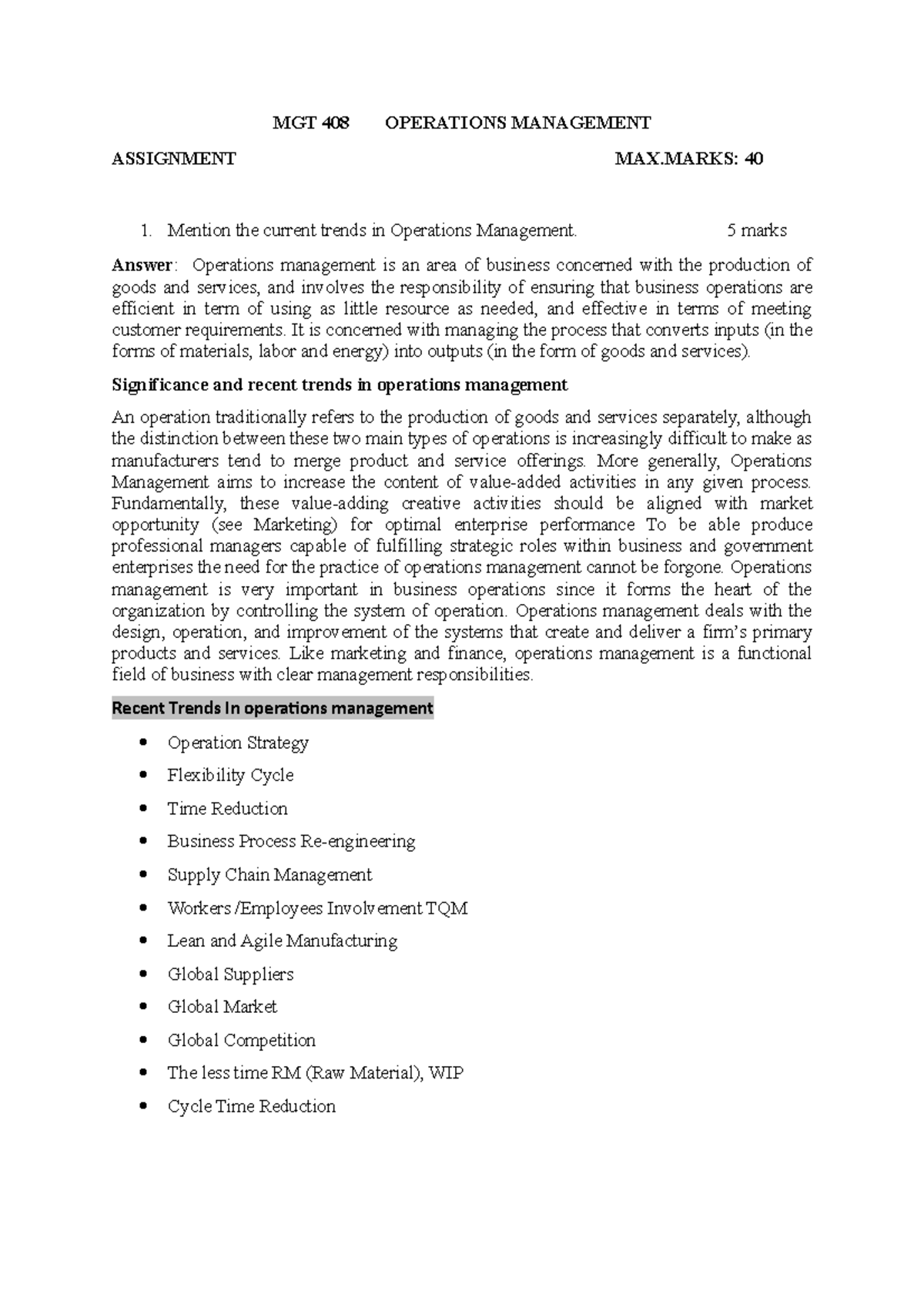 OM JAN2021 assignment - MGT 408 OPERATIONS MANAGEMENT ASSIGNMENT MAX ...